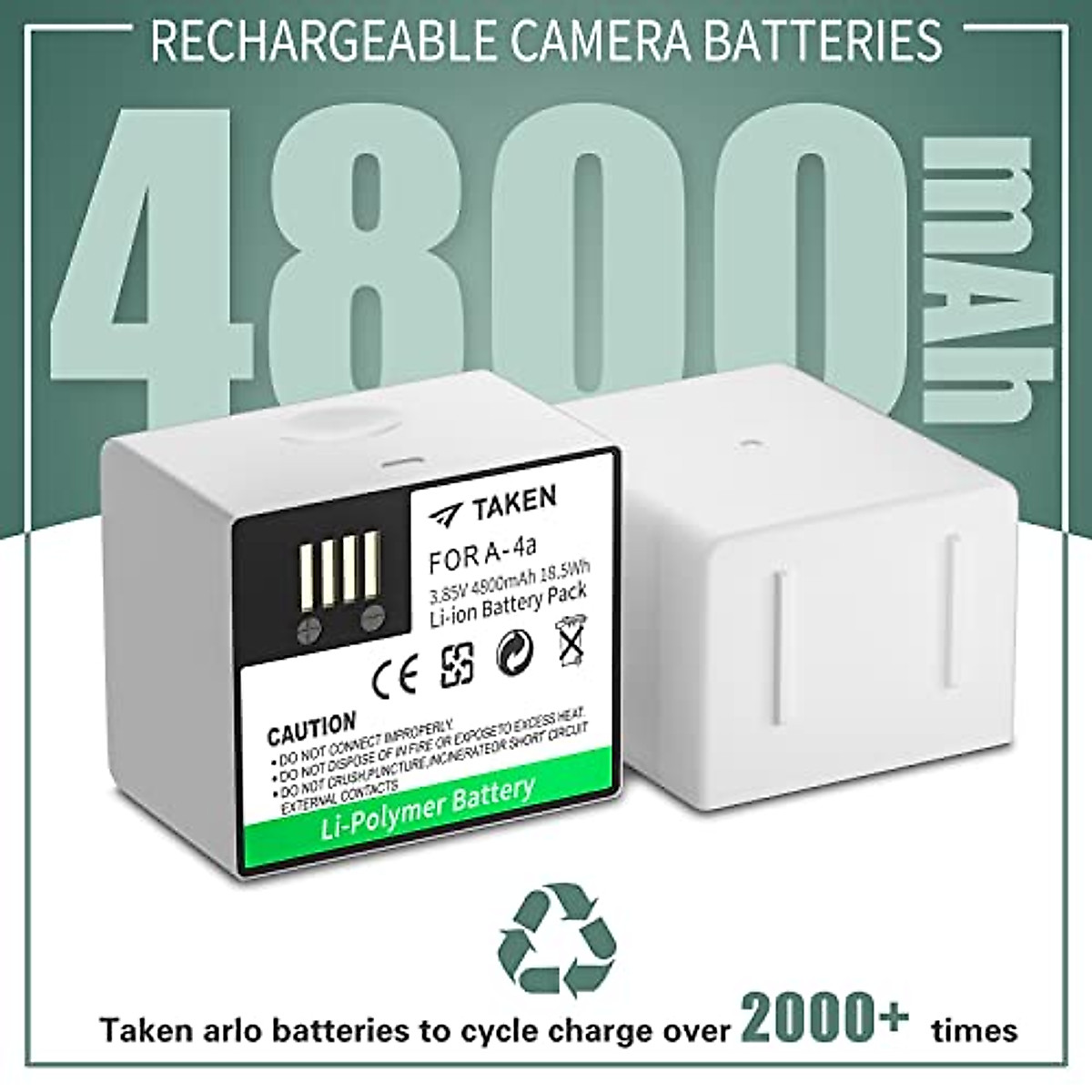 Taken Arlo Pro 4 Battery 3.85V 4800mAh Arlo Batteries Replacement Long Lasting Arlo Camera Batteries for Arlo Ultra 2 Arlo Pro 3 Pro 4, 2 Pack with Arlo Battery Charger Station