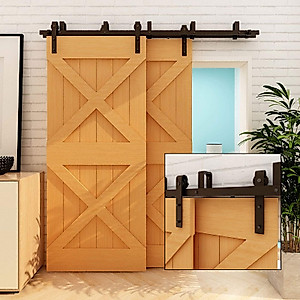 CCJH 9FT Bypass Sliding Barn Door Hardware Kit Double Track Low Ceiling Heavy Duty for Double Wooden Doors, Basic Hanger