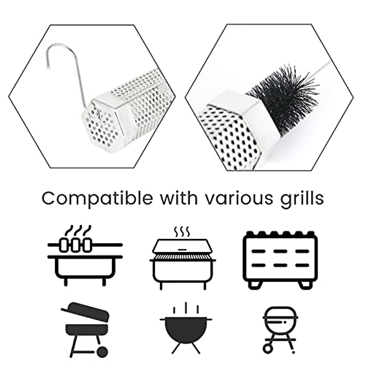 Meshscreen Pellet Smoker Tube 6 inches - 5 Hours of Billowing Smoke，Stainless Steel Pellet Smoker Tube for All Grill or Smoker for Cold/Hot Smoking,with 2 S Shape Hooks+1 Cleaning Brush