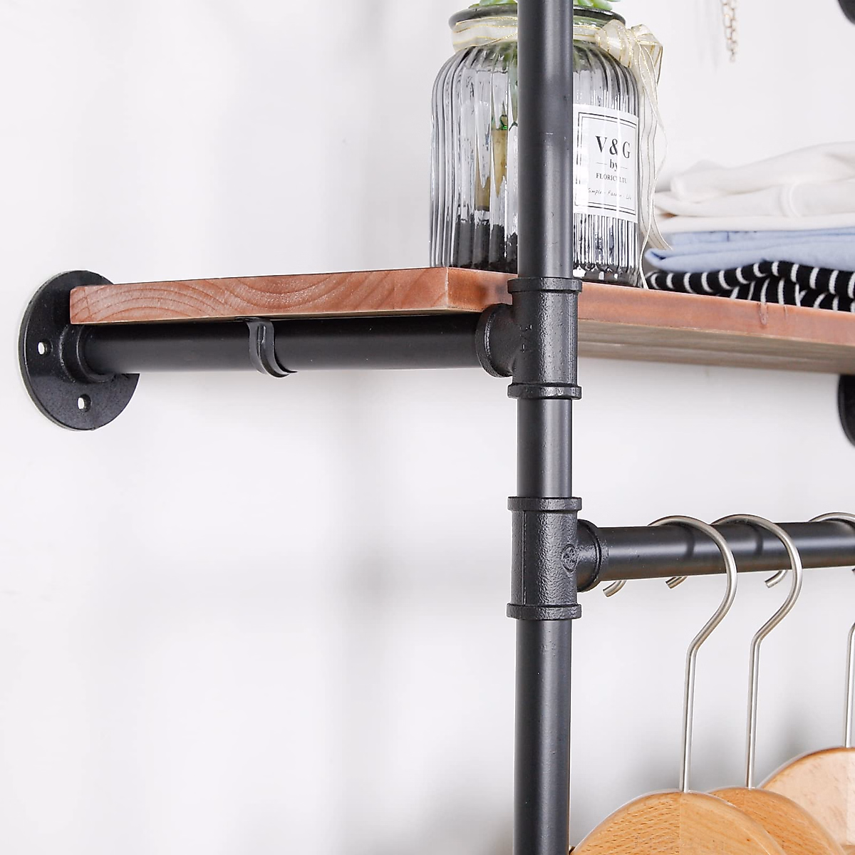 EDCB Industrial Pipe Double Hanging Rods Clothing Rack with 4 Tier Shelves, Heavy Duty Garment Rack Display Rack On Wall for Hanging Clothes Retail Display, Black