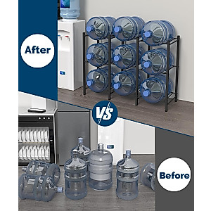 mocomax 5 Gallon Water Jug Rack, Detachable Water Bottle Holder for 9 Bottles, 3 Tier Heavy Duty Water Cooler Jug Rack, Water Bottle Organizer Storage Rack for Kitchen, Office, Living Room, Black