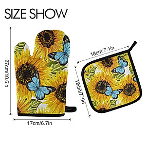 Yellow Sunflowers Butterfly Oven Mitts and Pot Holders Set Summer Heat Resistant Hot Pads Cooking Gloves Handling Kitchen Cookware Bakeware BBQ