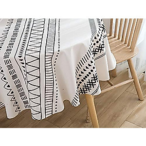 ArtBud White Black Cotton Linen Table Cloths Boho Farmhouse Heavy Fabric Table Cover Burlap Striped Geometric Washable Table Top for Parties Coffee Kitchen Picnic Round 60 inch(4-6 Seats)