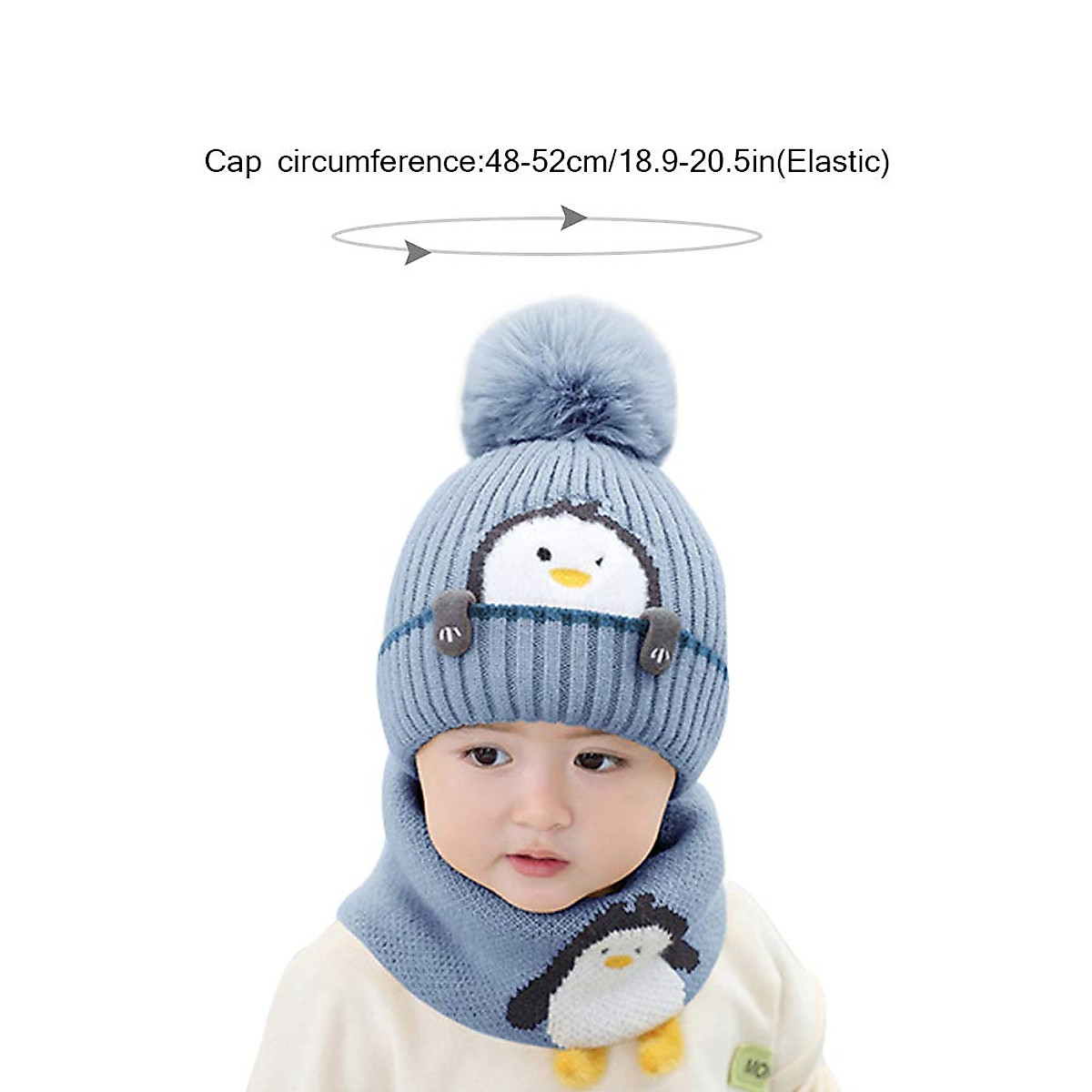 Toddler Winter Beanie Hat Scraf Set, Cute Cartoon Penguin Knitted Hats Soft Warm Infant Hat with Pompom for Baby Boys and Girls 1-3 Years (Blue)