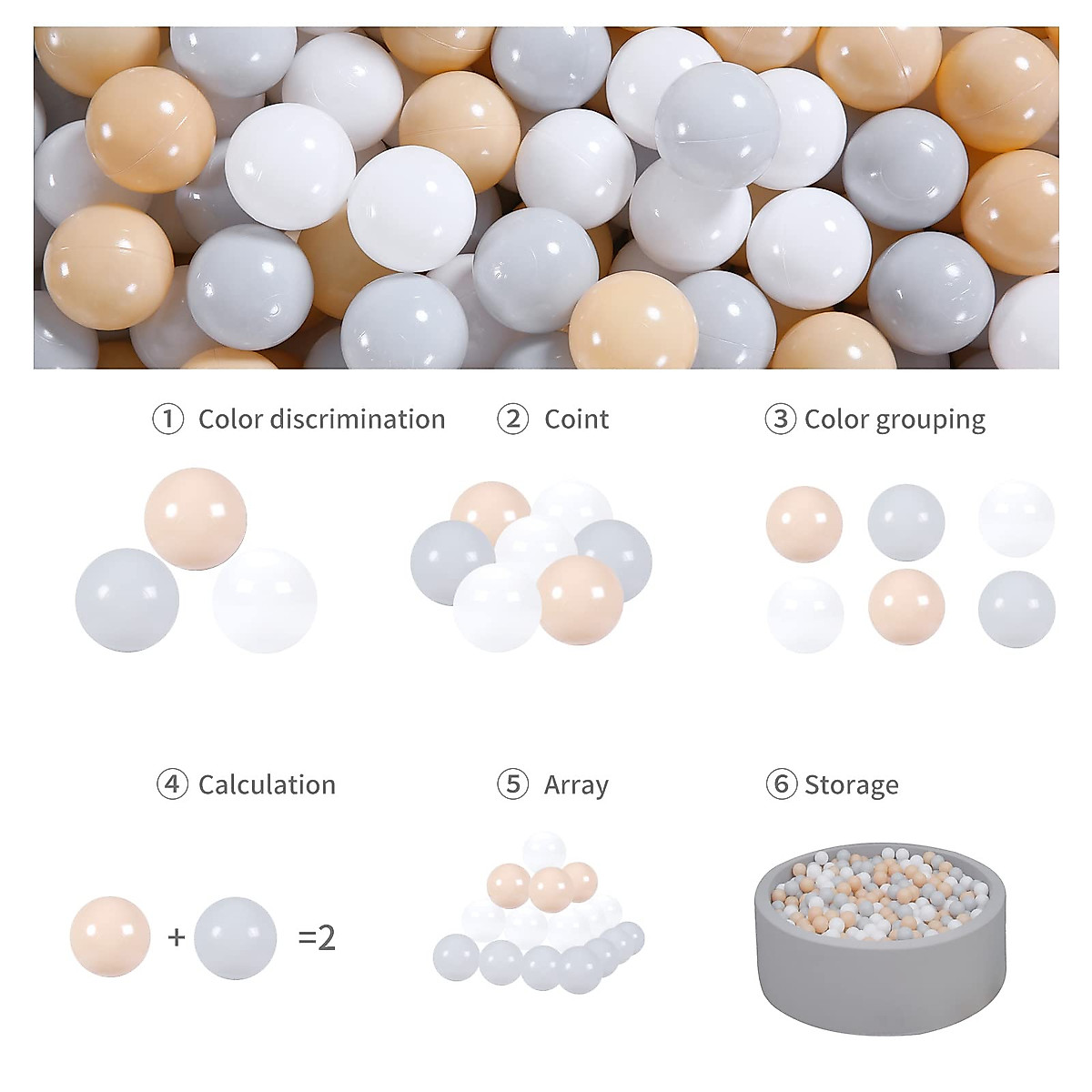 GOGOSO Play Balls for Toddlers - 100 pcs Ball Pits Balls Beige Grey White, BPA Free Plastic Balls for Ball Pit Toys Crush Balls for Boys Girls Toddlers
