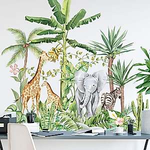 Tropical Rainforest Animals Plants Wall Stickers, AUHOKY Removable Cartoon Elephant Giraffe Nordic Plant Wallpaper Decor, Peel and Stick Art Murals for Kids Bedroom Background Nursery Home Decorations