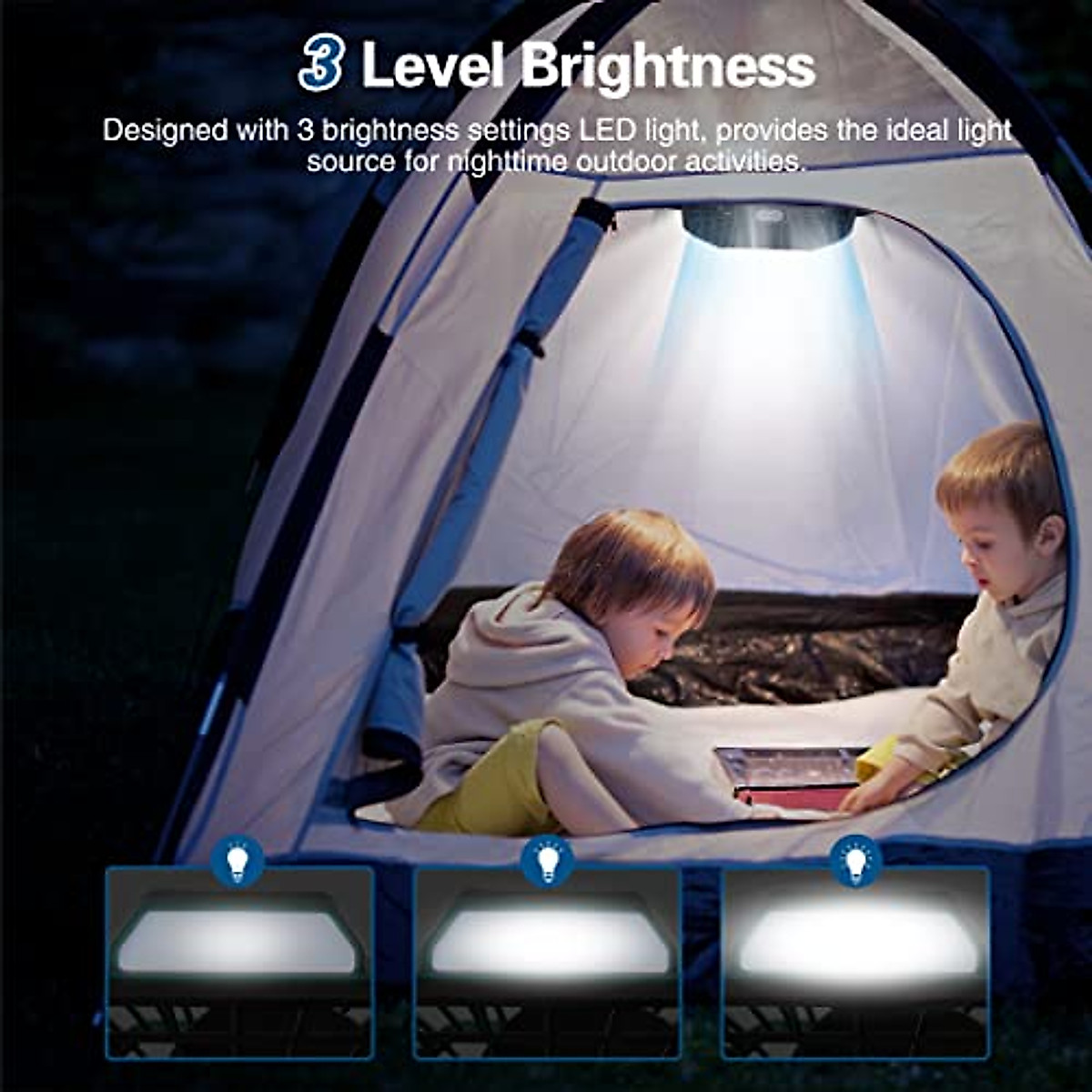 SISMEL Camping Fan Rechargeable, 10400mAh Battery Operated Fan, Ultra Quiet Fan, USB Battery Powered Tent Fan with LED Light and Hook, Stepless Speed, Ldeal for Camp Tents Emergency BBQ