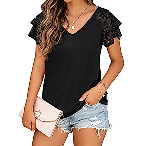 FREEOAK Summer Tops Double Lace Sleeve Shirts for Women V Neck Loose Casual Tee Tunics Black Tops for Women Black L