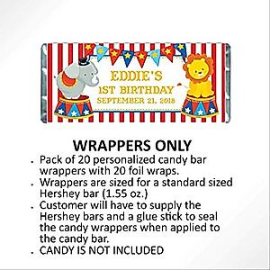 Circus Personalized Candy Wrappers for Chocolate, Kids Birthday Party Favors, Pack of 20 Custom Hershey Bar Labels