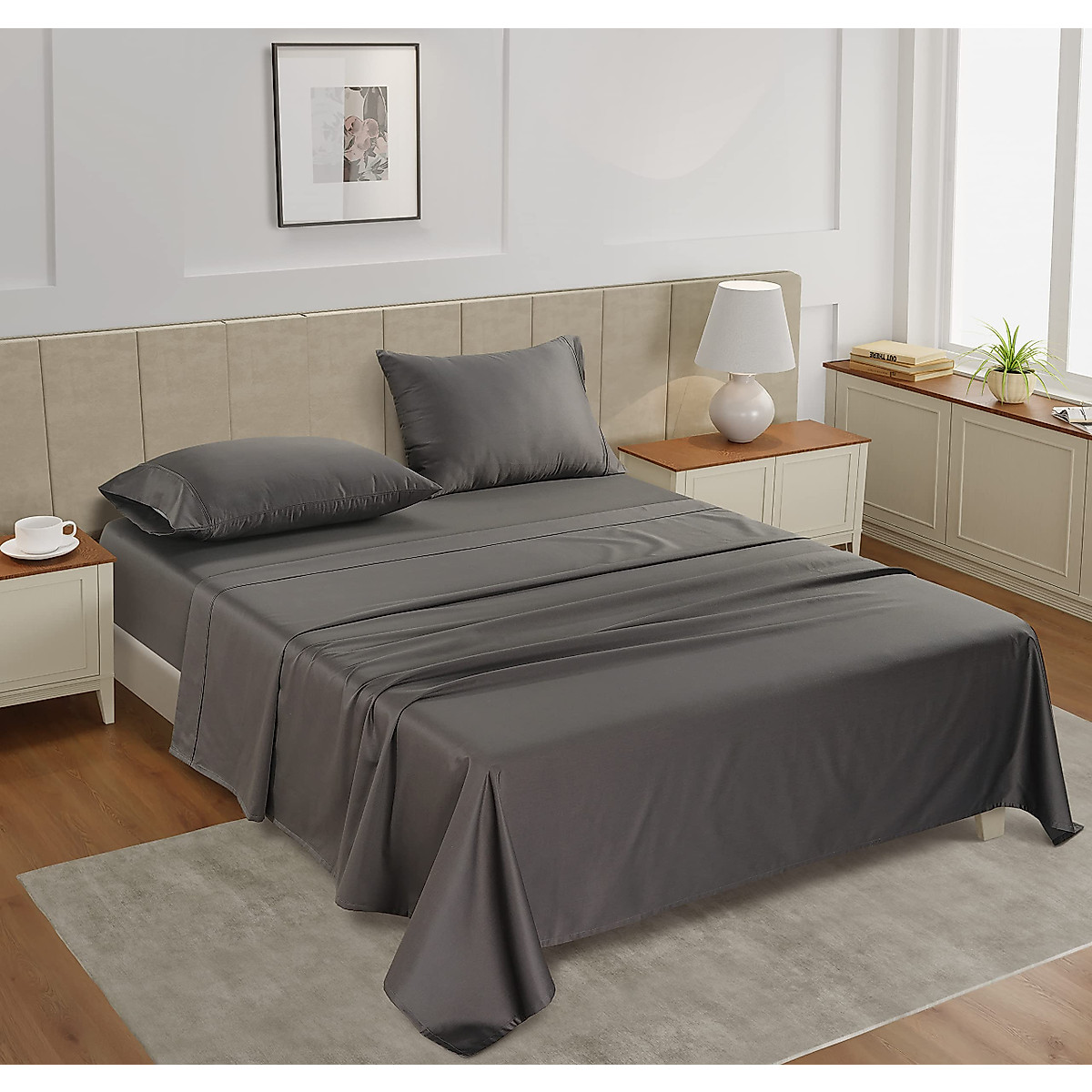 LANE LINEN California King Sheets - 4 Pc Cal King Sheets Set, 450 Thread Count 100% Cotton California King Sheets, California King Cooling Sheets, Breathable Bed Sheets, Deep Pocket Sheets - Charcoal