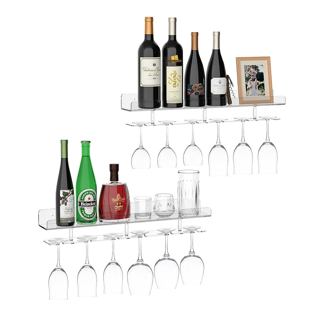 Hexsonhoma 24'' Clear Wine Glass Holder Wall Mounted 2 Pack, Acrylic Wall Bar Shelf with Removable Glasses Holder, Floating Bar Shelves for Wine Bottles, Liquor Bottles, Glasses