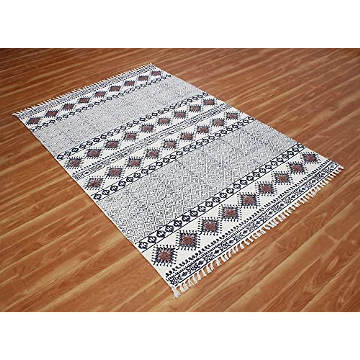 Casavani Indian Handmade Cotton Dhurrie Geometric Brown & Gray Area Rug Boho Kilim Flat Weave Rug Indoor Hall Room Decor Carpet Throw Rugs for Bedroom Living Room Bathroom Balcony 5x8 Feet