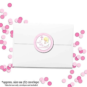 First Holy Communion Religious Thank You Sticker Labels for Girls (Light Skin, Blond Hair), 40 2" Party Circle Stickers by AmandaCreation, Great for Party Favors, Envelope Seals & Goodie Bags