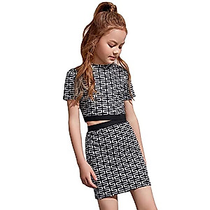 Milumia Girl Two Piece Outfits Geo Print Mock Neck Short Sleeve Tee and Mini Skirt Set Black and White 10 Years