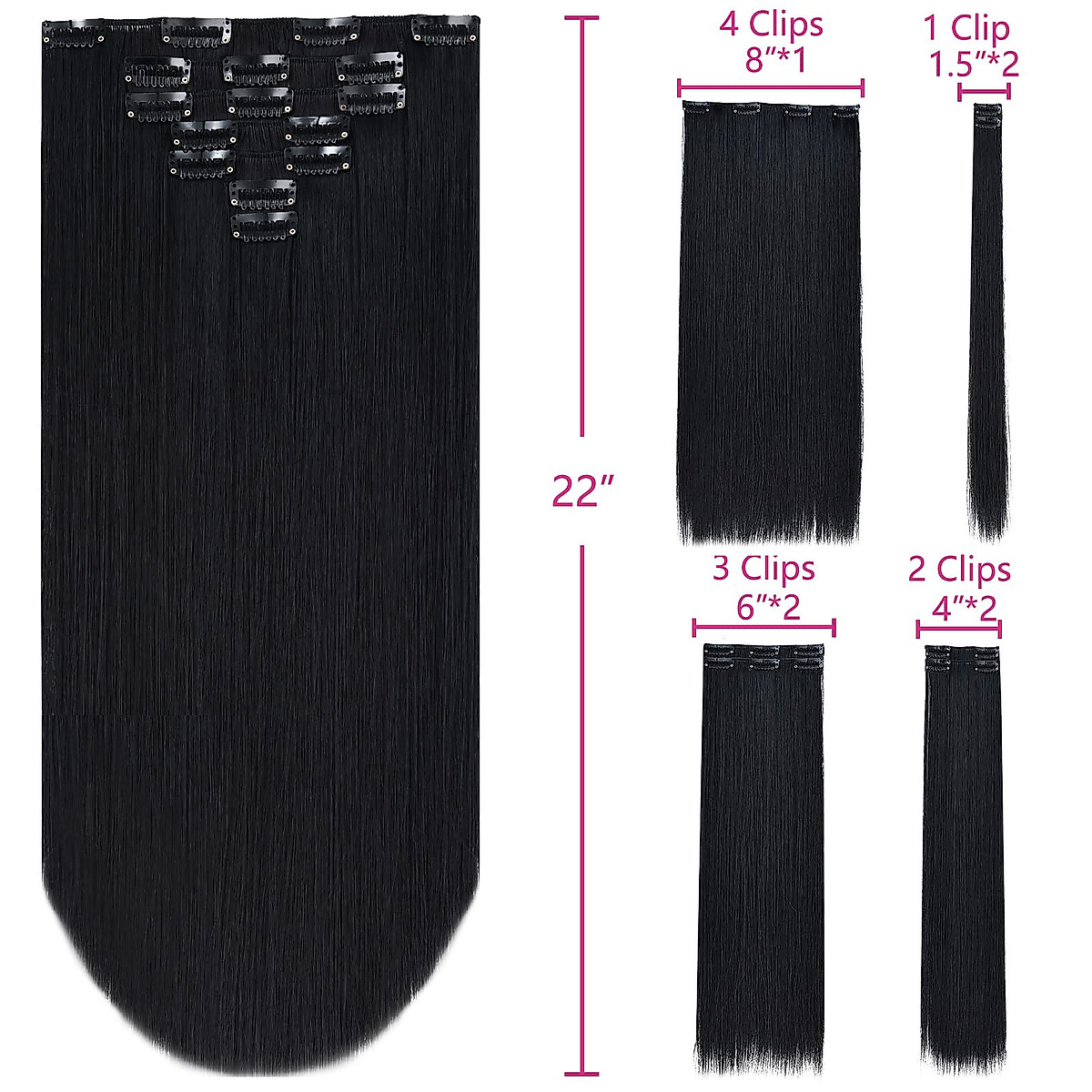 SYXLCYGG Black Hair Extension Clip Hair Extensions 22" 4.8 Oz Synthetic Straight Cheap Fake Hair Piece Women's Easy To Use Fluffy&Not Tangled