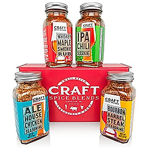 Craft Spice Blends Gift Set (Grilling Seasonings & Rubs, Gifts for Men & Women) - Includes Whiskey Maple Smoke Rub, Ale House Chicken Seasoning, Bourbon Barrel Steak Seasoning, and IPA Chili Seasoning - Gift for Dad or Mom