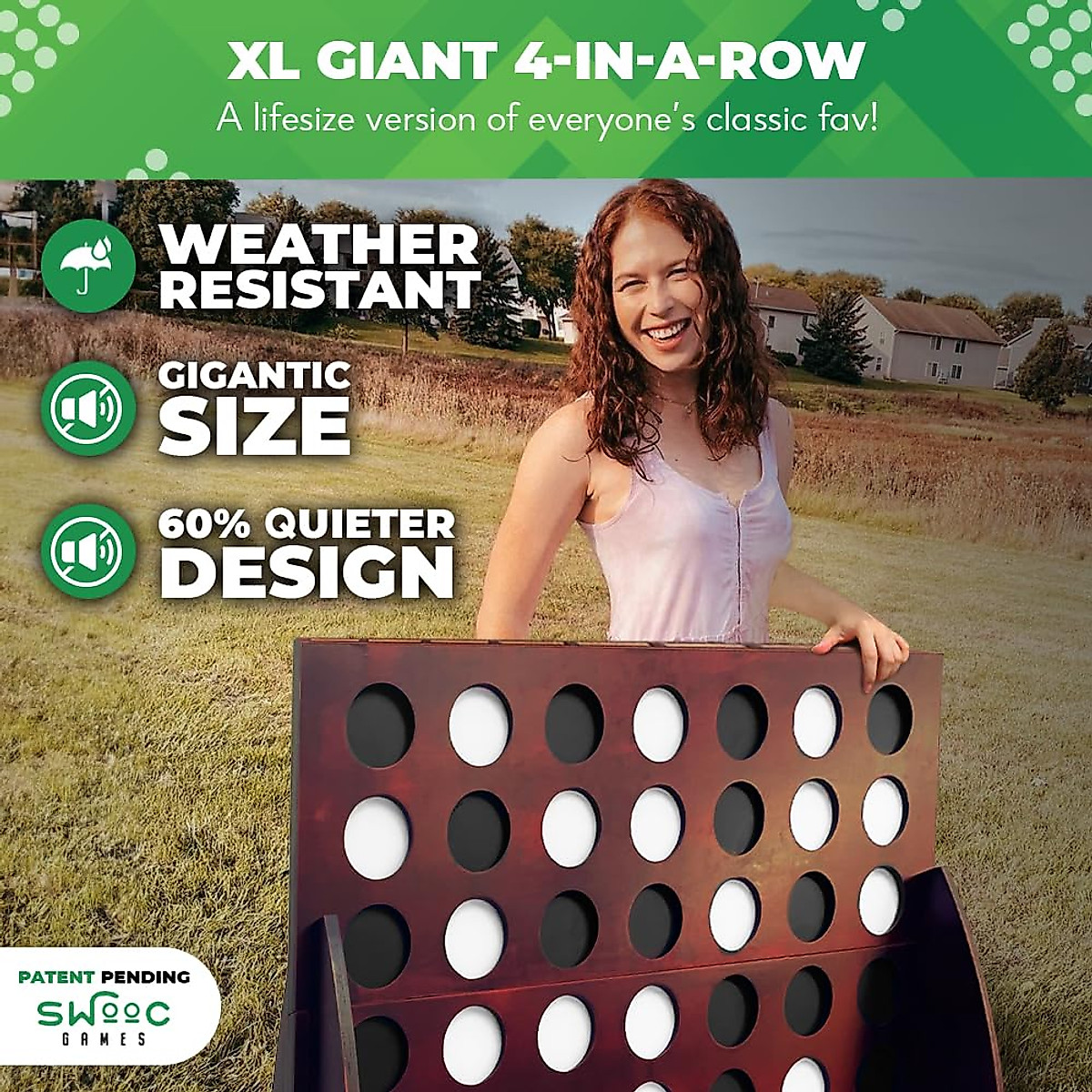 SWOOC Games - XL Giant 4 in A Row (4ft x 3ft) All Weather with Carrying Case & 60% Quieter Design - Giant Connect - 4 Outdoor Game - Giant Outdoor Games for Family - Jumbo Games - Giant Lawn Games