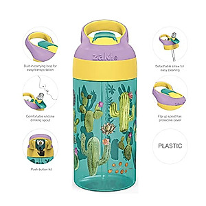 Zak Designs 16oz Riverside Desert Life Kids Water Bottle with Straw and Built in Carrying Loop Made of Durable Plastic, Leak-Proof Design for Travel, Cactus-Flamingo Pineapple, 2PK Set