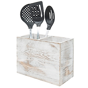MyGift Whitewashed Wood Kitchen Utensil Holder Organizer, Countertop Flatware Silverware Cooking Utensil Crock Storage Caddy with 2 Compartments