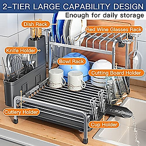 Dish Drying Rack, Aluminum 2-tier Multifunctional 7-in-1 Dish Racks for Kitchen Counter with Drainboard, Rustproof Detachable Large Capacity Dish Drainer with Wine Glass Holder, Utensil&knife Holder