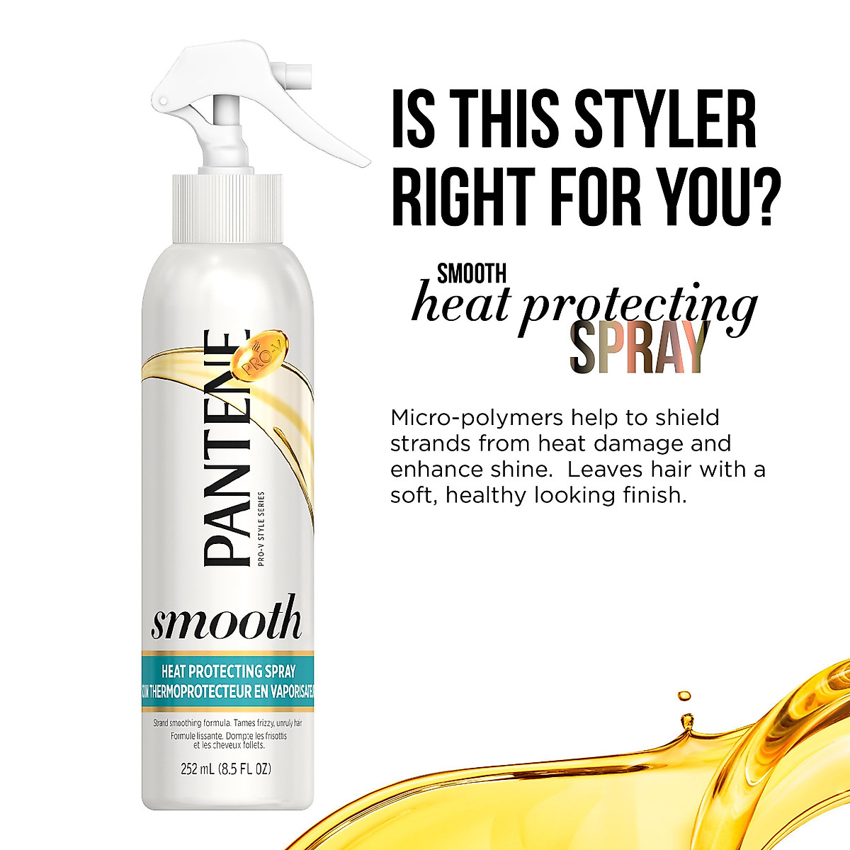 Pantene Smooth and Sleek Heat Protecting Spray for Hair, 8.5 Fluid Ounce