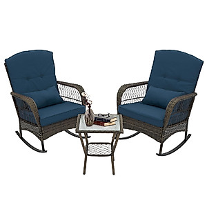 Generic Outdoor Wicker Rocking Chairs, 3 Pieces Patio Furniture Rattan Rocker Chairs Wicker Rocking Set with Cushions and Side Table for Garden Patio Yard Porch Lawn Balcony (Blue)
