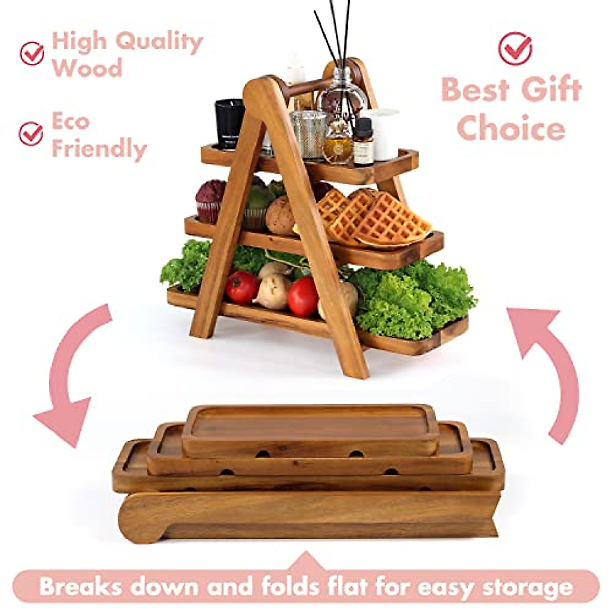 3 Tier Serving Tray Can Collapsible, Acacia Wooden Cupcake Stand Three Tiered, Tier Serving Stand with 3 Acacia Wooden Serving Platters for Entertaining, Rustic Wood Tray Vintage Party Buffet, Cupcake