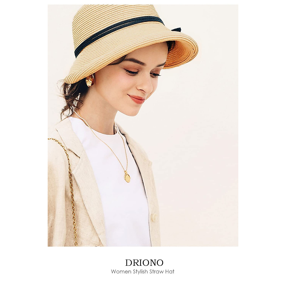DRIONO Straw Hat - Women Style Fashion Summer Cloche Beach Fedora Trilby Hat Panama Sun Hat (Beige)