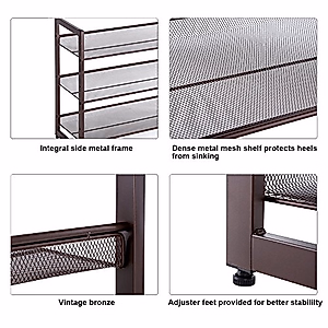 SONGMICS 3-Tier Shoe Rack Storage, Adjustable Metal Mesh Shoe Organizer Stand, Flat or Angled Stackable Shoe Rack Shelf for 9-12 Pairs, Shoe Tower for High Heels, Sneakers, Closet, Entryway, Bronze