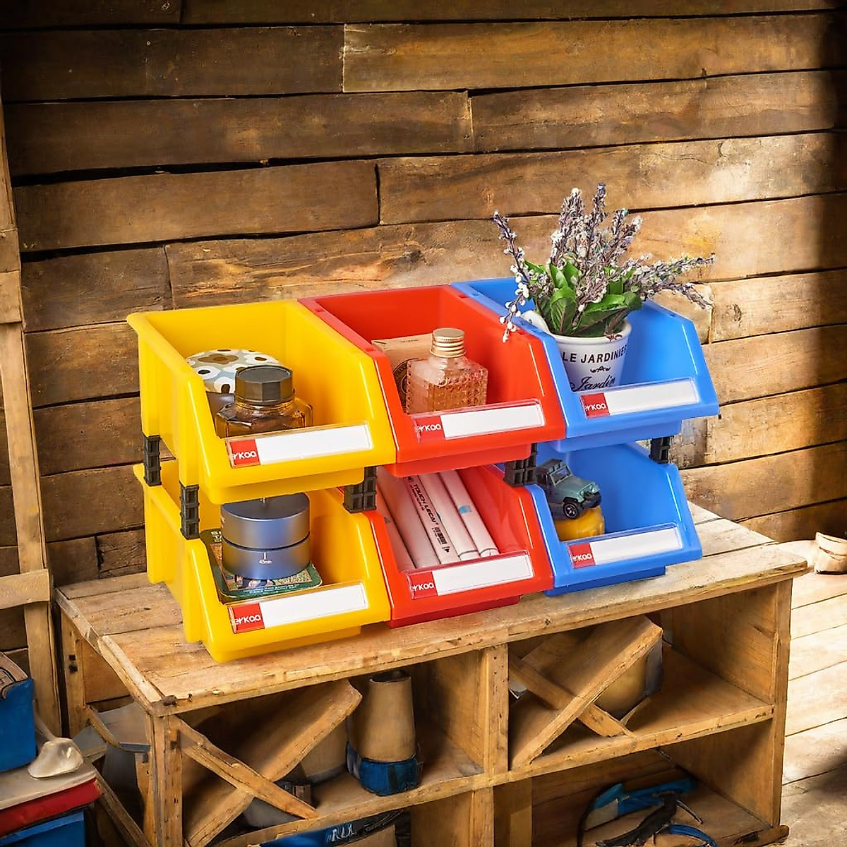 Aerkaa Plastic stackable storage bins tool storage bins for garage, workshop, office storage(Yellow,Pack of 6)