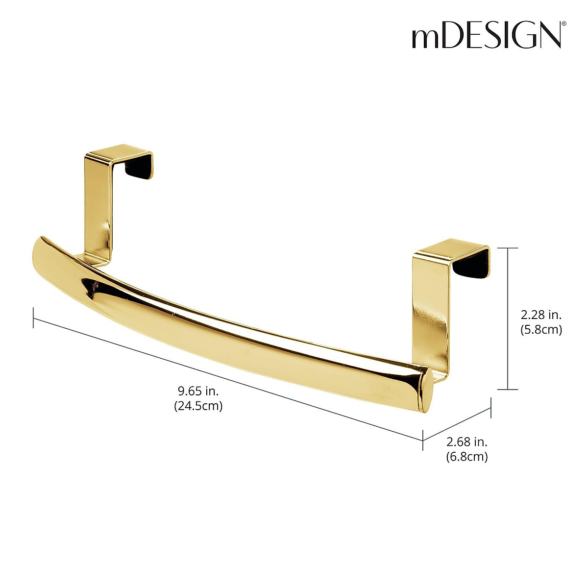 mDesign Steel Over Door Curved Towel Bar Storage, Hanger for Cabinet or Cupboard, Holder Rack for Kitchen, Bathroom - Holds Hand/Dish Towels, Washcloths - Spira Collection - 2 Pack - Soft Brass