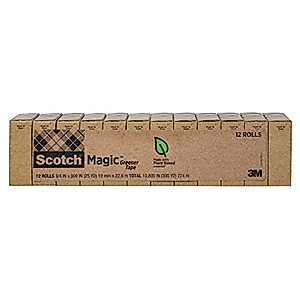 Scotch Magic Greener Tape, 12 Rolls, Numerous Applications, Invisible, Engineered for Repairing, 3/4 x 900 Inches, Boxed (812-12P)