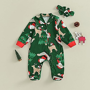 Mialoley Infant Baby Christmas Jumpsuit Long Sleeve V Neck Zipper Front Romper Bowknot Headband Spring Fall Winter Casual (Green, 6-9 Months)