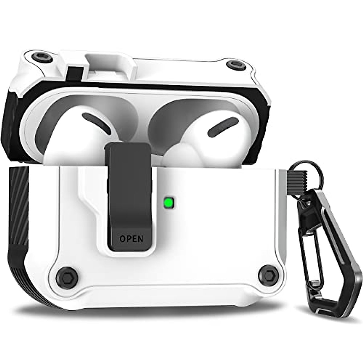 R-fun Airpods Pro 2nd Generation/1st Generation Case Cover with Automatic Snap Switch, Secure Lock Clip Super Protective for Airpods Pro Case (2019/2022) with Keychain for Men Women，White