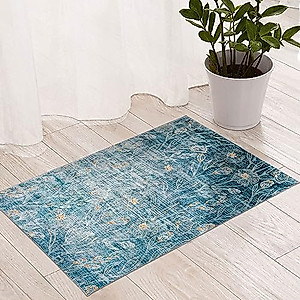 Fashriend Phyllis Door Mat Rug-2'×3' Modern Machine Washable Floral Rug Boho Non Slip Small Area Rug Pad Floor Carpet for Living Room Dining Laundry Bedroom Bathroom Kitchen Classroom Office-Blue