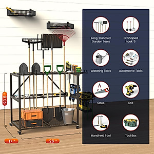 Keeswin Garden Tool Organizer with Wheels, 3 Tier Large Garage Tool Storage Organizer,Up to 50 Long-Handled Tools, 4 Drills Holder with 10 Hooks, 10 for Screwdrivers, Large (31.5''D x 25" W x 16" H)