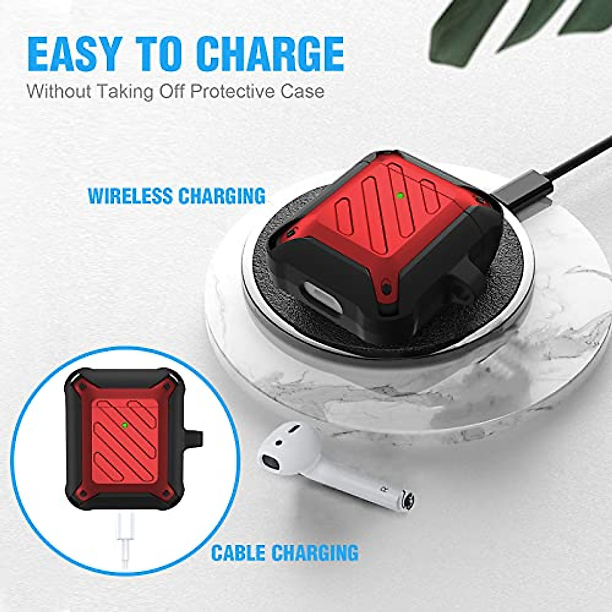 Maxjoy for Airpods 2 Case Cover, Airpods Protective Case Rugged Full-Body Hard Shell Shockproof Cover with Keychain Compatible with Apple Airpods 2 1 Charging Case (Front LED Visible), Red