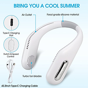Rexspt Portable Neck Fan, Hands Free Bladeless Fan, USB Rechargeable Personal Fan with 3 Wind Speed Adjustable, Headphone Design 360° Cooling Hanging Fan for Traveling Office