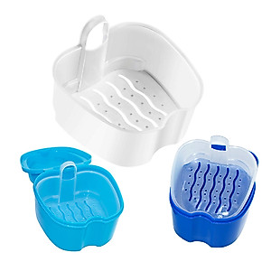 4 Pcs False Teeth Container, Denture Base Holder Box, Soaking Denture Bath with Strainer Basket & Denture Brush for Travel Overnight Denture Cleaning Case（Blue Green）