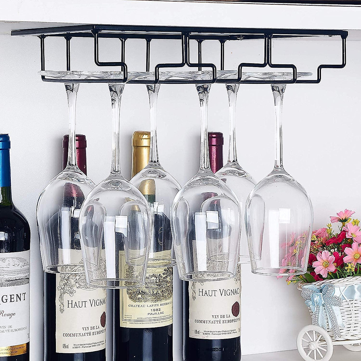 FOLOU Wine Glass Rack Under Cabinet Mount, Upside Down Stemware Holder for Wire Shelves, Glasses Storage Hanger Metal Organizer Bars, Kitchen, Restaurants, Farmhouse(3 ROWS BLACK), 11.8 x 9 x 2.7