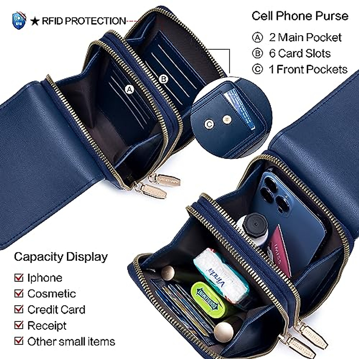 Roulens Small Crossbody Bag Cell Phone Purse for Women, Leather Shoulder Bag Wallet Purse with Credit Card Slots