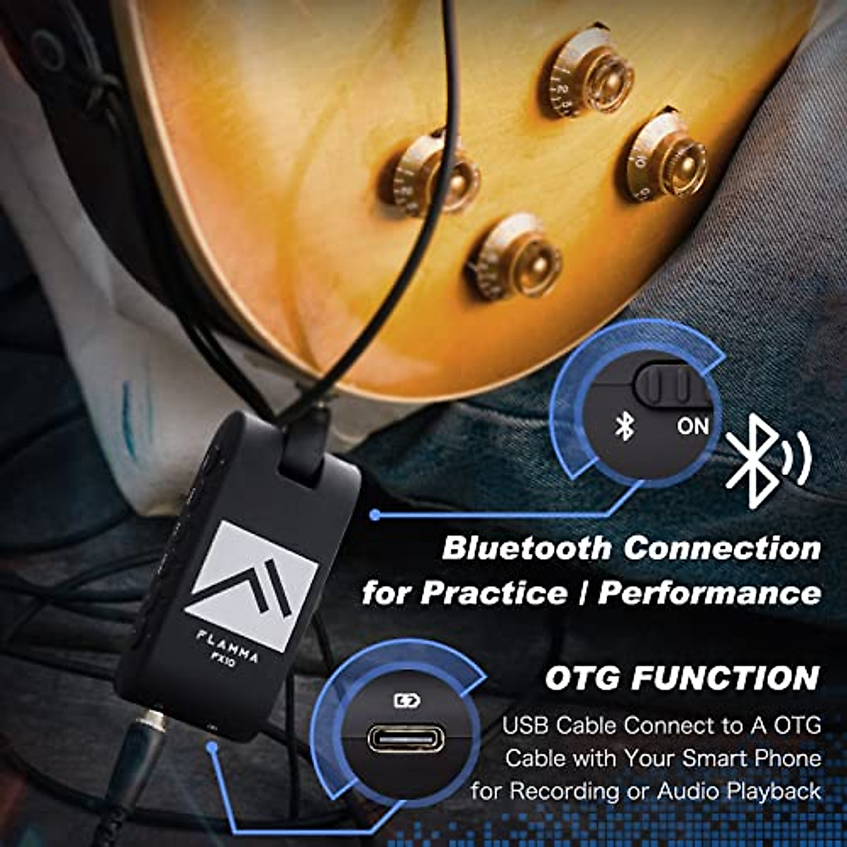 FLAMMA Guitar Headphone Amp Portable with 28 Drum Grooves 14 Built-in Effects 14 Amplifier Models 5 Tone Colors Support Bluetooth USB Audio Recording and Playback OTG Function Home Practice