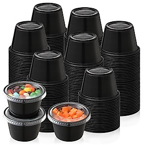 AOZITA 120-4 oz Black Portion Cups, Small Plastic Containers with Lids, Airtight Souffle Cups, Salad Dressing Container, Sauce Cups, Condiment Cups for Lunch, Party to Go, Trips