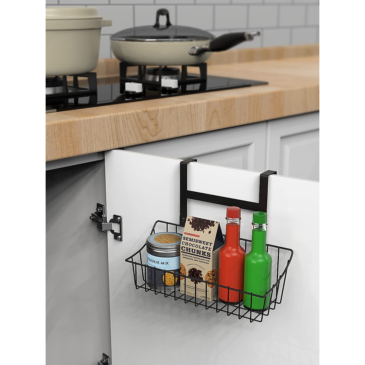 MaraFansie Grid Storage Basket, Over the Cabinet Door Organizer, Wire Hanging Basket with Hook Over the Cabinet/Railing, Under Sink Kitchen Cabinet, Pantry, Bathroom, Small, Black, 2 Pack