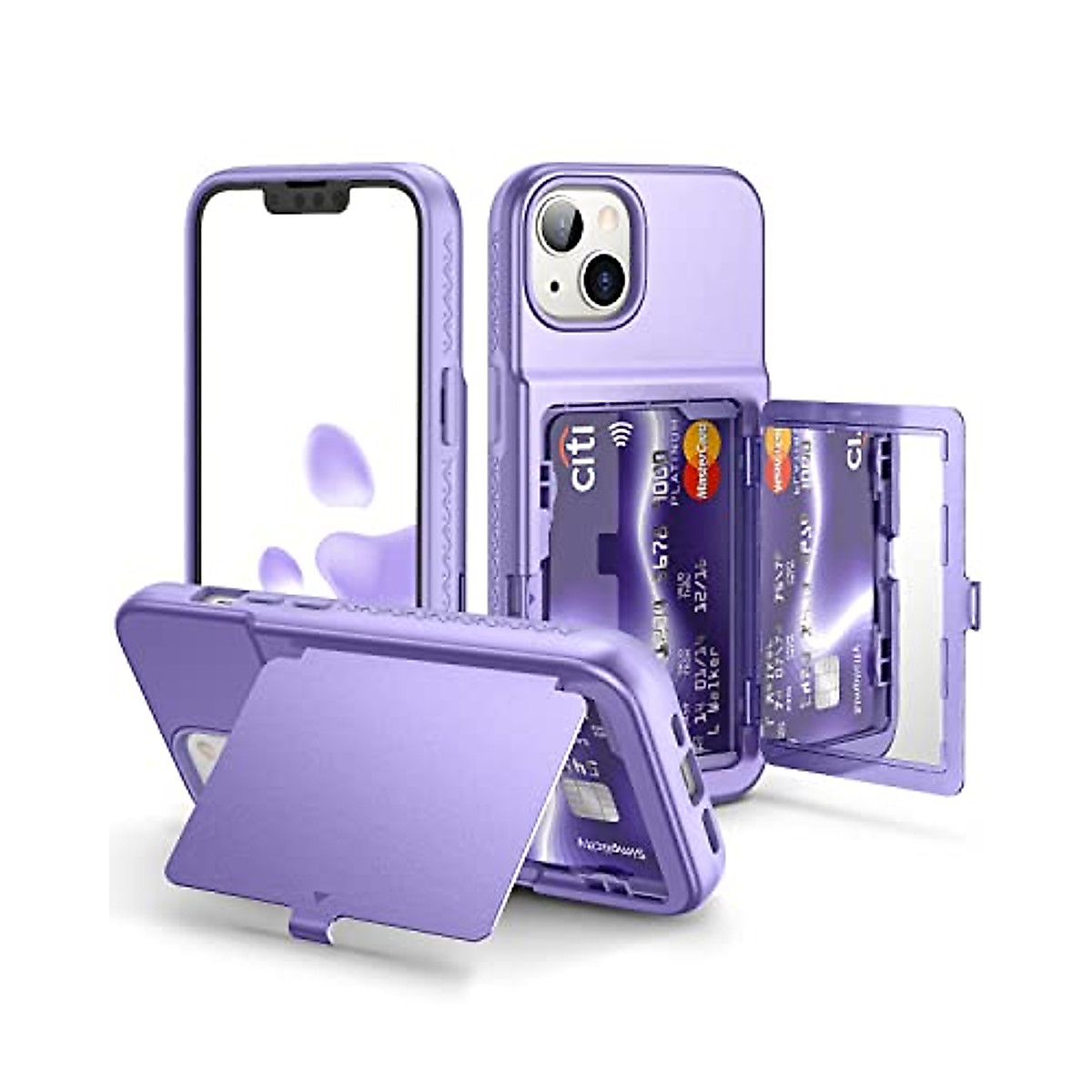 WeLoveCase for iPhone 13 / iPhone 14 Wallet Case with Credit Card Holder & Hidden Mirror, Two Layer Shockproof Heavy Duty Protection Cover Protective Case for iPhone 13/14 6.1 Inch - Light Purple