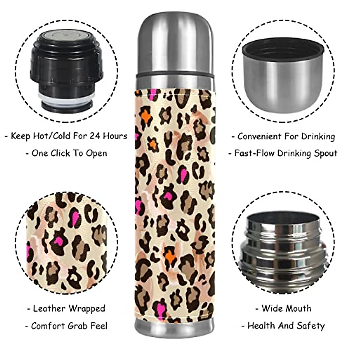 Leopard Brown Vacuum Insulated Water Bottle Stainless Steel Thermos Flask Travel Mug Coffee Cup Double Walled 17 OZ
