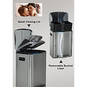 BIQWBIC 10 Gallon Dual Trash Can for Recycling and Trash, Stainless Steel Recycle Trash Can with 2 x 5 Gallon (40 L) Removable Inner Buckets, Pedal Recycling Bin for Kitchen, Soft Closure