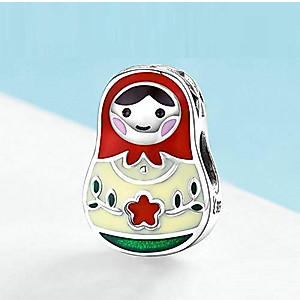 Matryoshka 925 Sterling Silver Russian Doll Charms Red Enamel Bead Charms Happy Mothers Day Christmas Charms for Pandora Bracelets Gifts for Her Mom Daughter Wife(Russian Doll Charms)