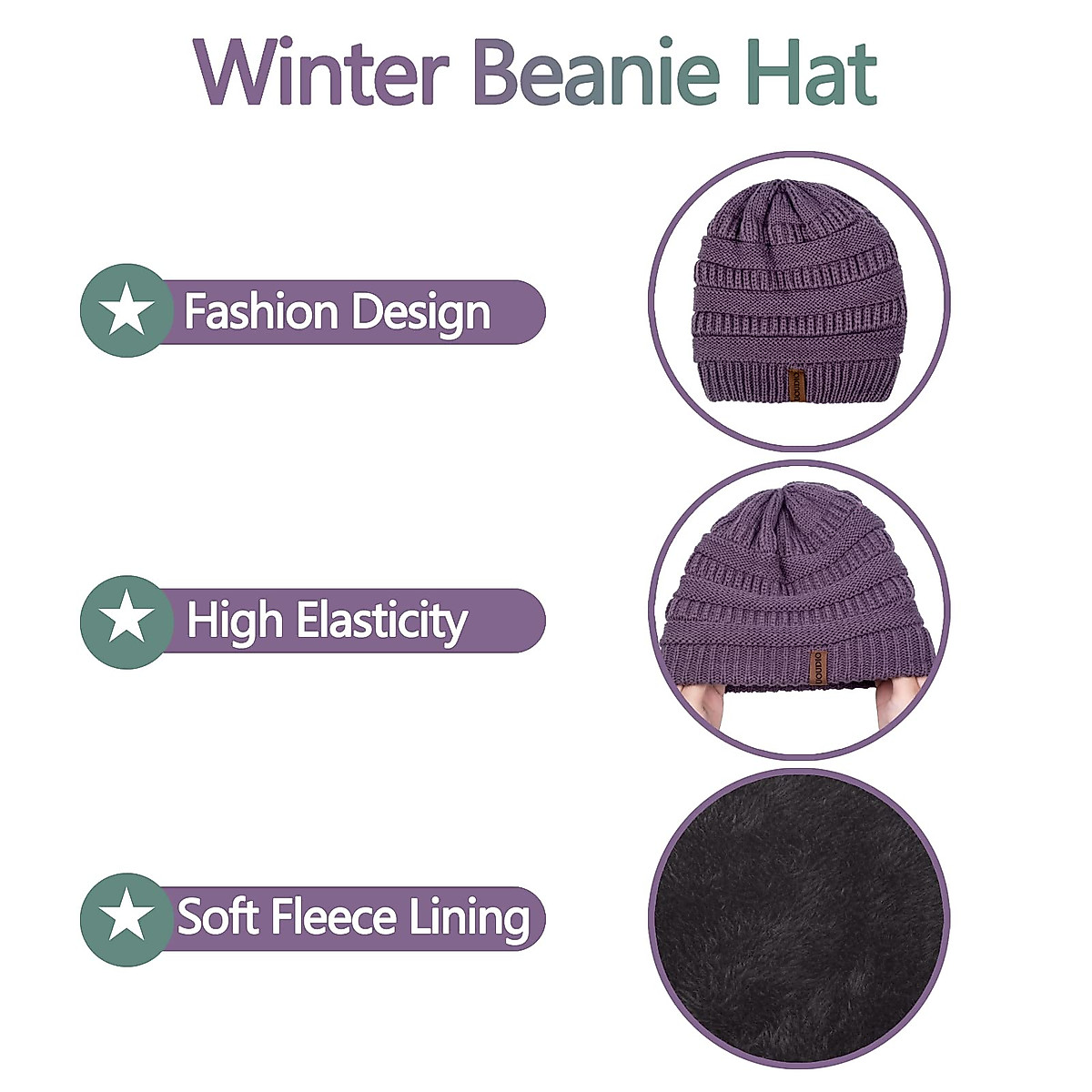 Women Beanie Hat Gloves and Scarf Set Winter Warm Knit Cap Thick Fleece Lined Neck Warmer Purple Snow Ski Cold Weather, Gorras Gorros Guantes Bufandas de Invierno para Mujer, Gift for Mom