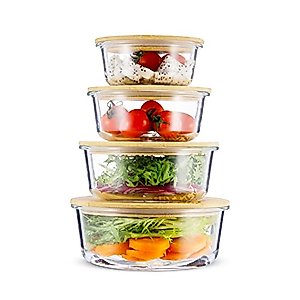 PLANET AVENUE Round Storage Containers with Lids, Ecofriendly Glass Containers, Storage Container with Lid, Glass Container with Bamboo Lid, Airtight Food Container Set
